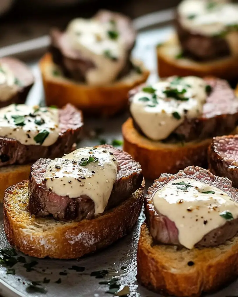 Beef Tenderloin Crostini with Parmesan Cream Sauce